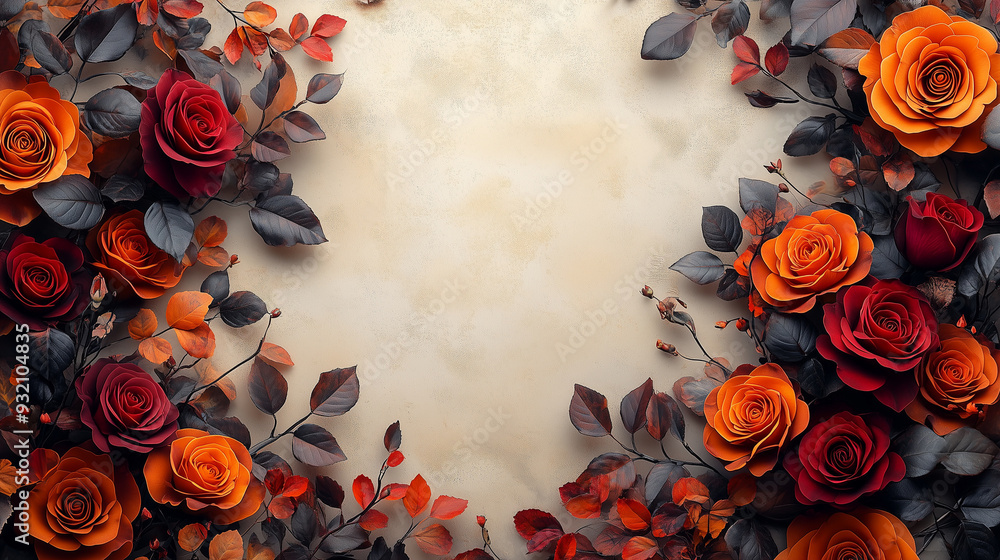 Rich burgundy and deep orange roses arranged at the corners of a warm ...