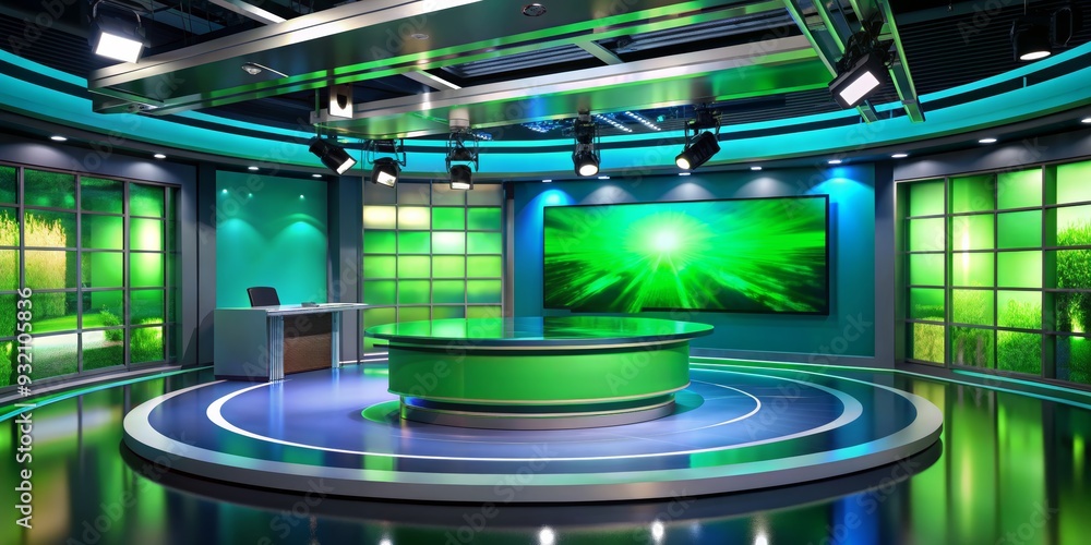 Green Screen Studio Set Design Circular Stage, LED Lights, Green ...