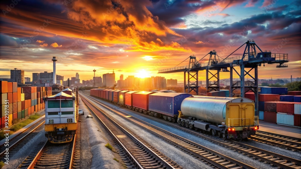 Freight train hauling cargo containers and tanker cars speeds through a ...