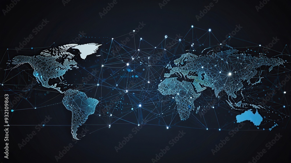 World map with glowing lines and city lights Global network concept 3D ...