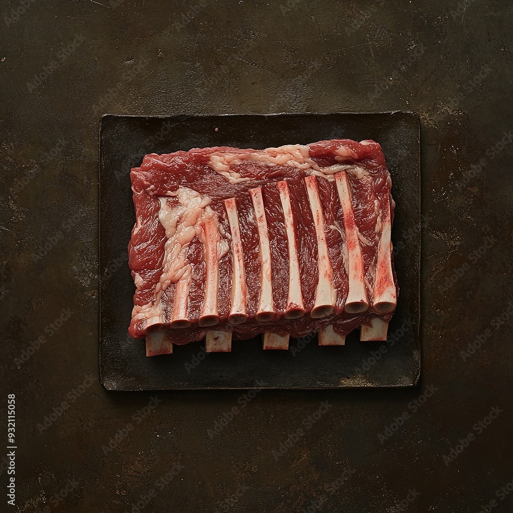 Raw beef short ribs silhouette, with emphasis on the rib bones and meat ...