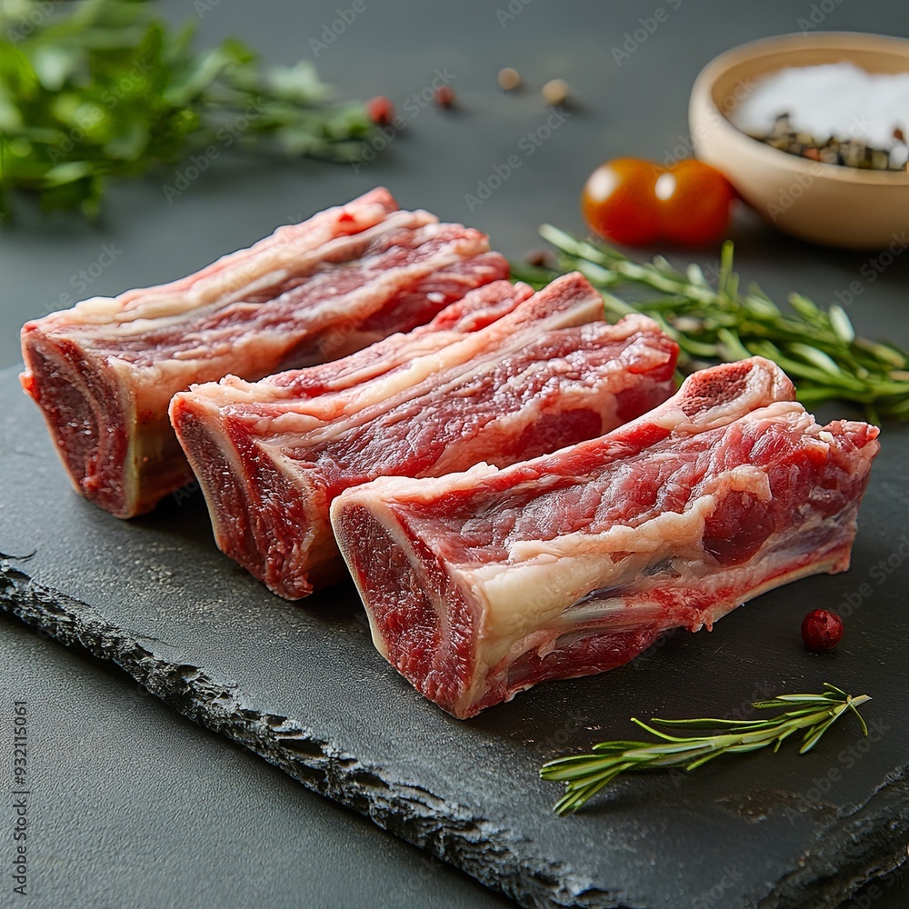 Raw beef short ribs silhouette, with emphasis on the rib bones and meat ...