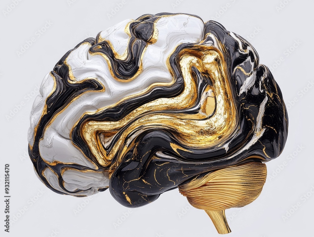 image of a brain showing the prefrontal cortex, black, white, and gold ...