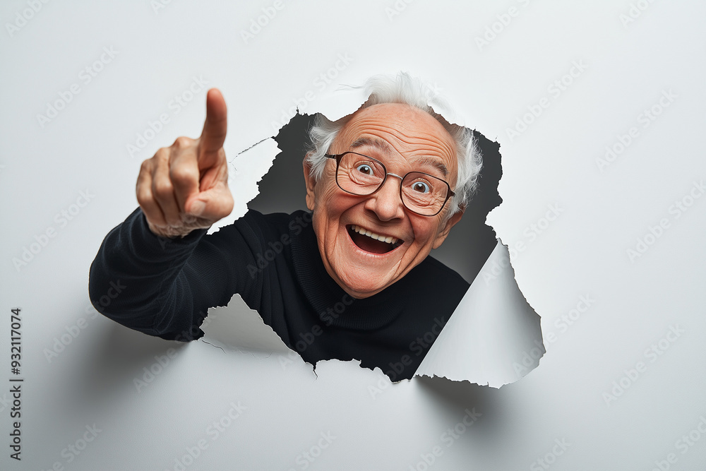 Rentner steckt den Kopf durch ein Loch in der Wand und zeigt mit dem ...