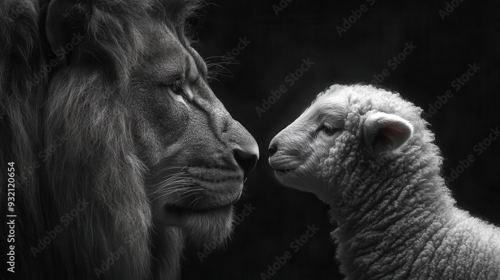 dramatic black and white portrait of lion and lamb profiles side by side symbolizing peace and ...