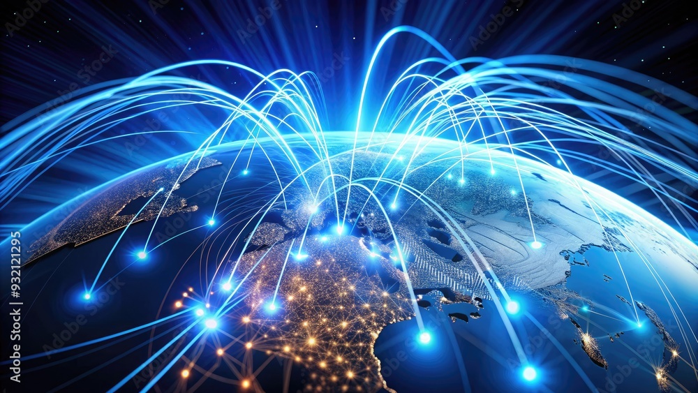 Glowing blue fiber optic cables crisscross the globe, symbolizing fast ...