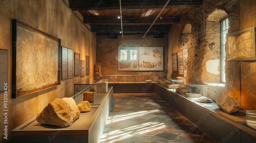 An interior view of an archaeological museum room with ancient ...
