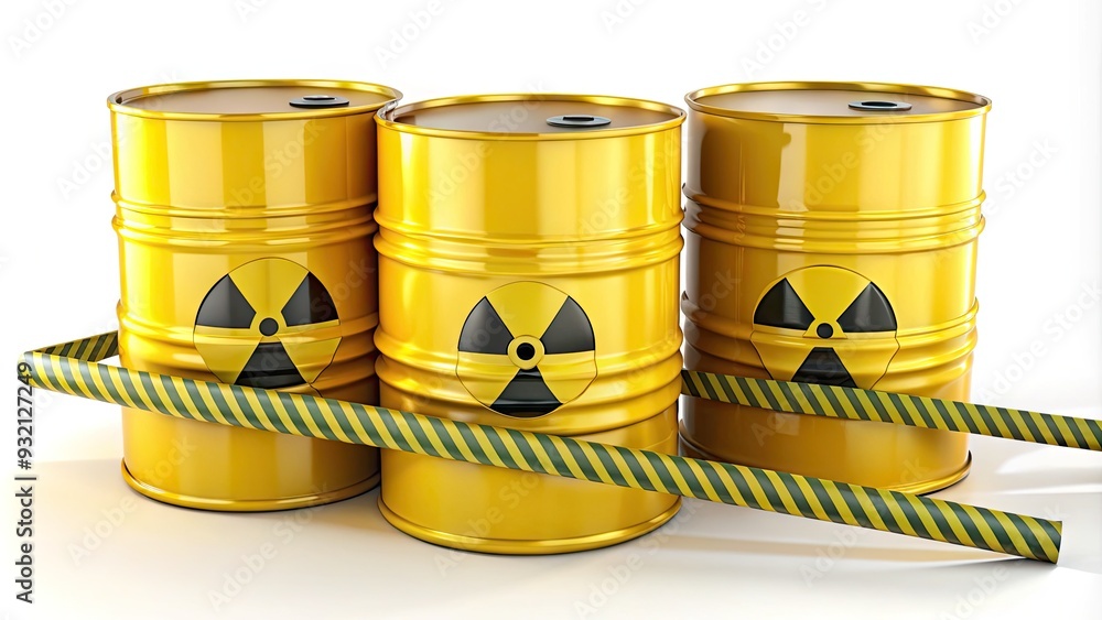 Hazardous radioactive waste barrels with warning symbols and yellow ...