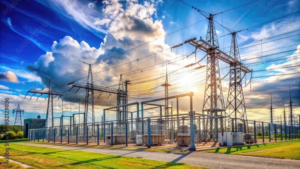 High-voltage electrical substation with towering transmission lines ...