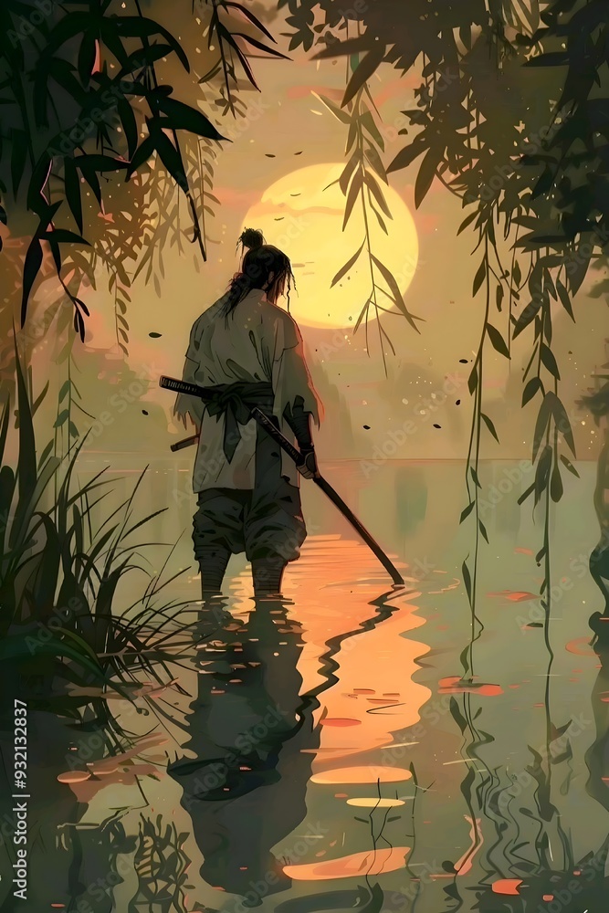 Ilustracja Stock: japanese characters, ninja, mysterious hero, night ...