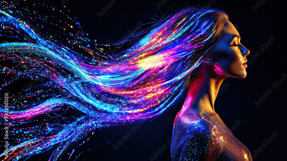 Spectrum of Light and Energy with Woman's Hair Floating Through the ...