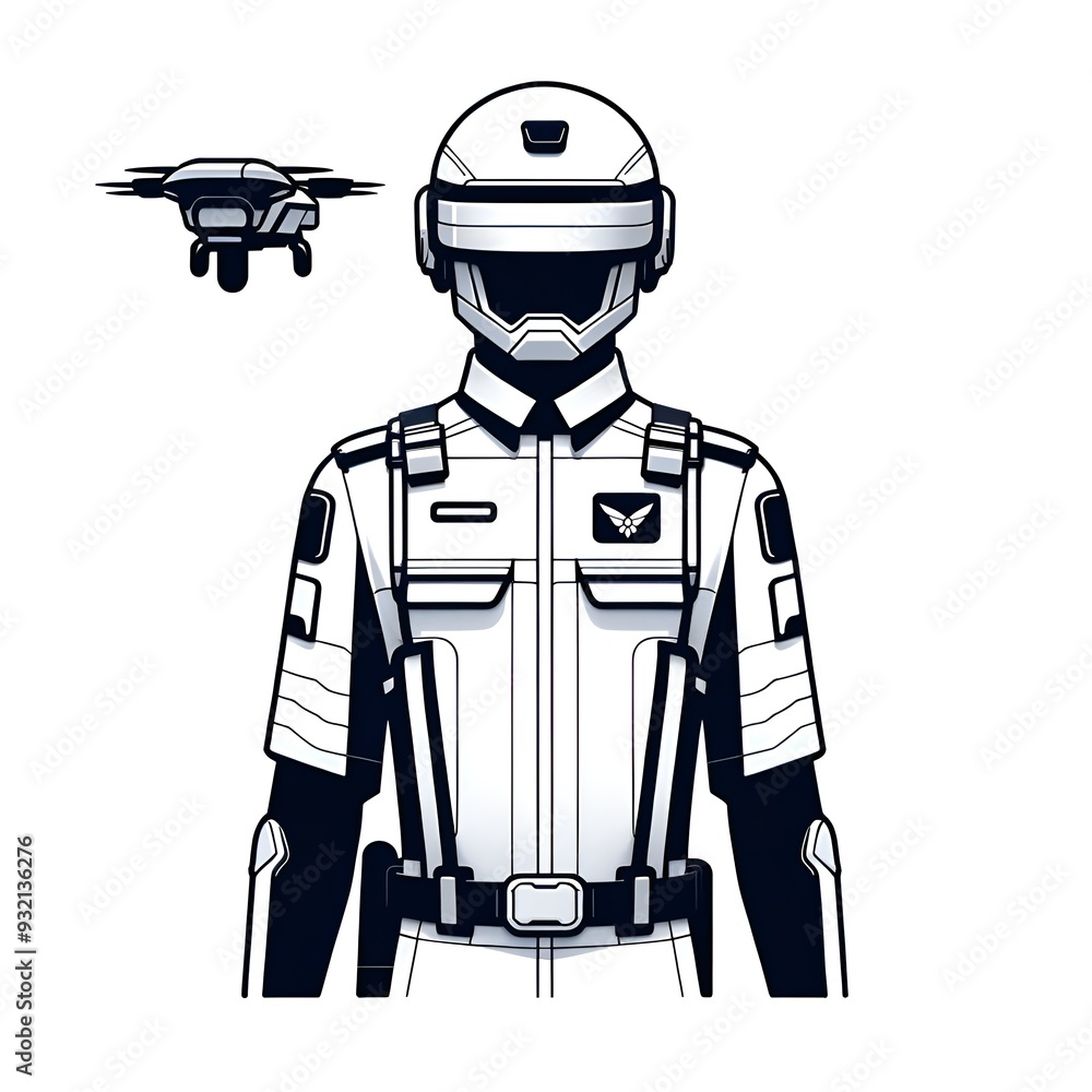 futuristic, stylized illustration of a robotic or human officer dressed ...