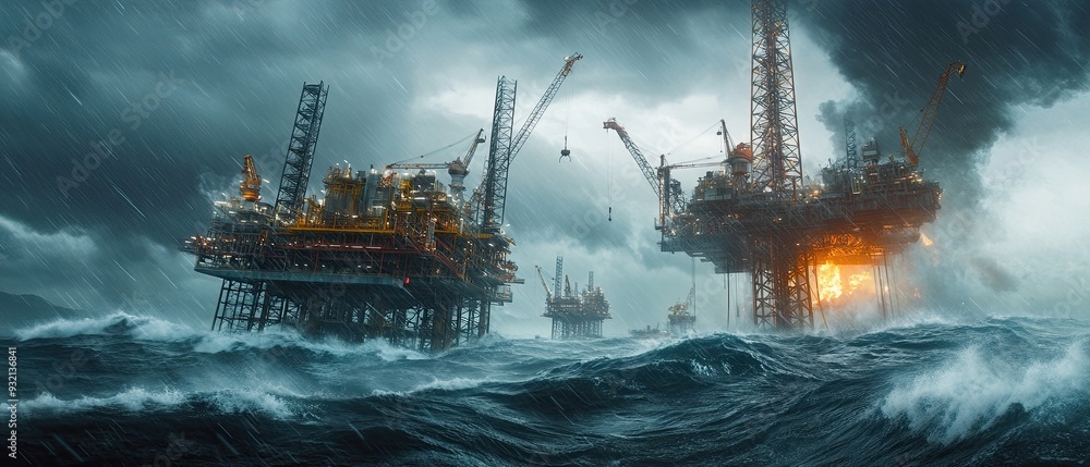 Detailed scene of offshore construction with towering rigs and ...
