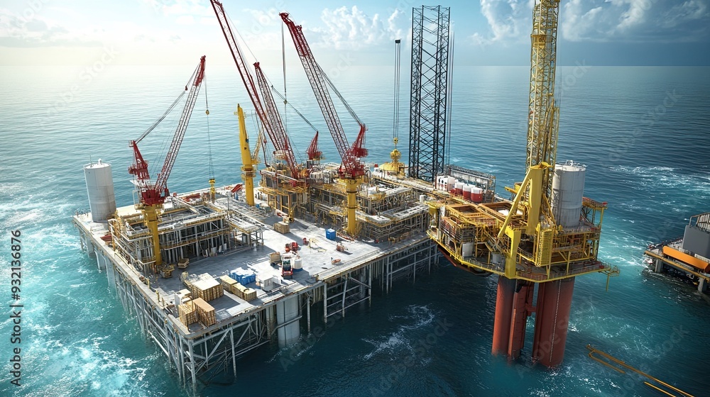 Modern offshore construction vessel surrounded by complex machinery and ...