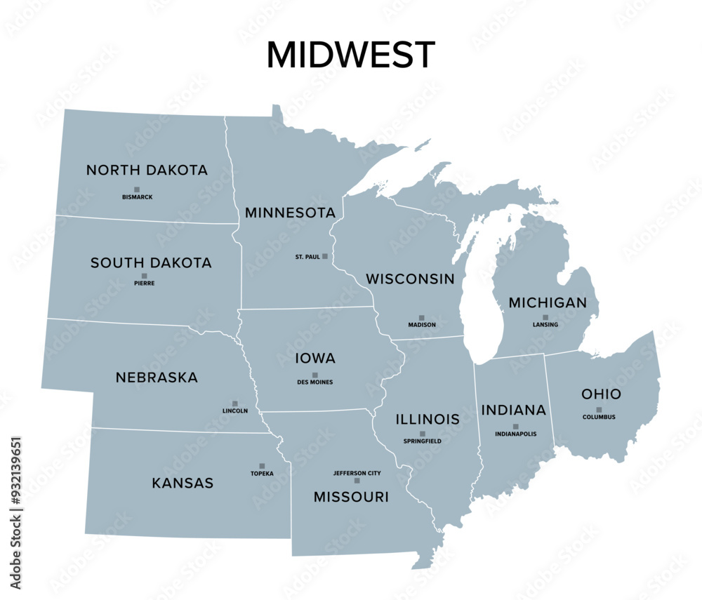 Poster Midwest, census region of the United States of America, gray ...