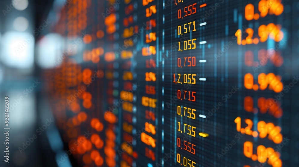 A wall displaying real-time stock market data with numerous lines of ...