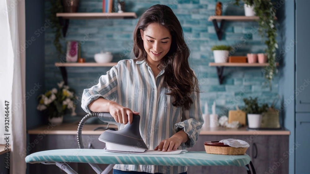Ironing clothes. A young woman uses a clothes steamer on a vertical ...