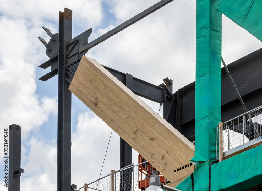 Laminated timber construction detail of intersecting horizontal and ...