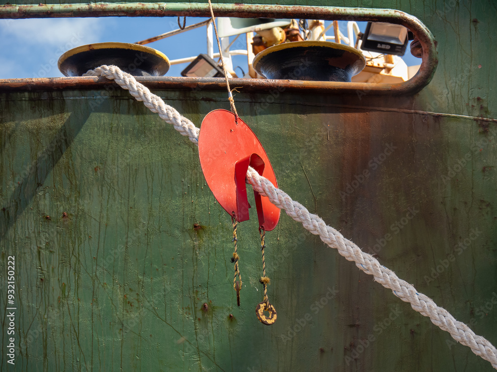 A red ocean ship rat guards on the mooring lines of a vessel to keep ...