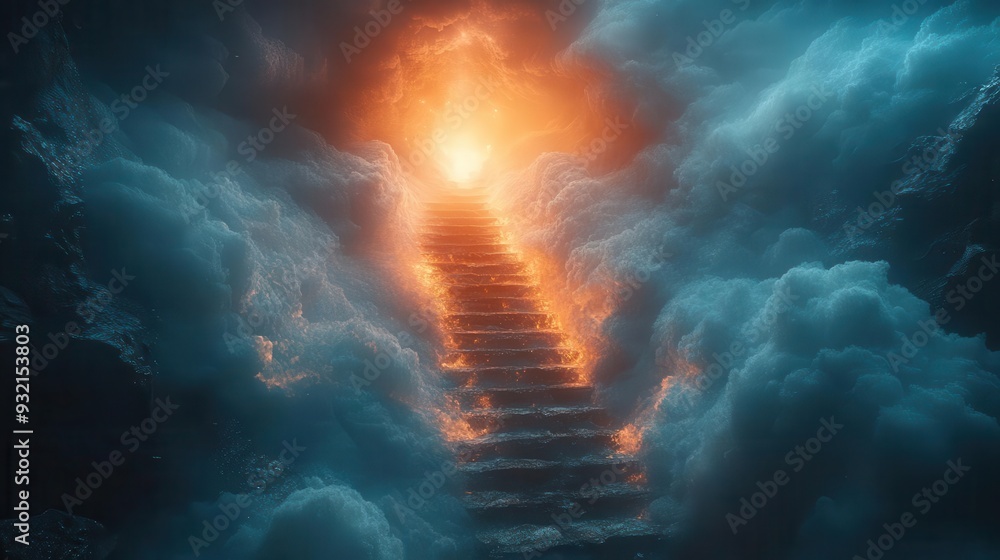 ethereal stairway ascending through misty clouds towards a radiant ...