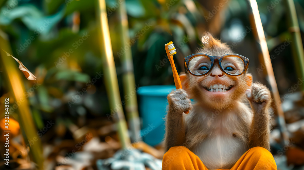 Funny monkey wearing glasses and holding a toothbrush in his paws ...