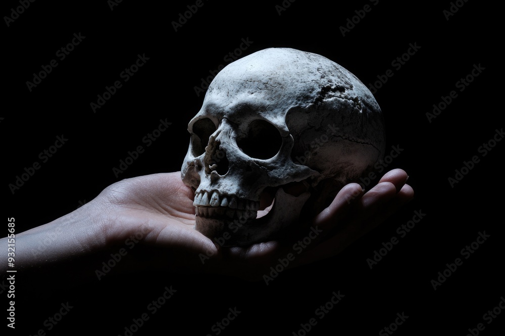 Hamlet Skull. Human Hand Holding Skull in Black Isolated Background ...