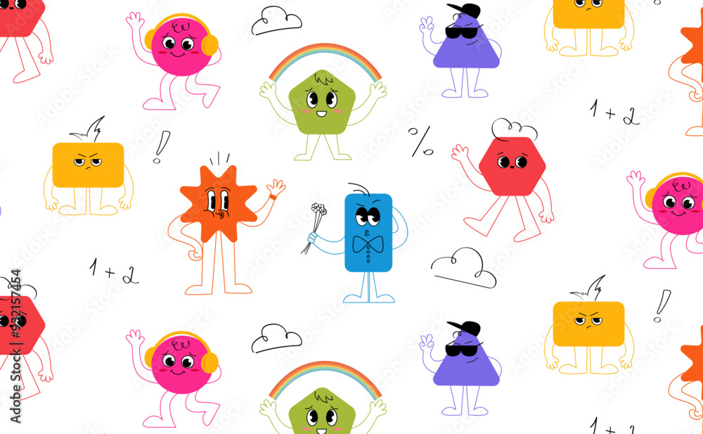 Set of geometric shapes characters with different emotions pattern ...