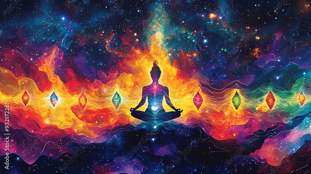 A detailed illustration of alpha waves radiating from a meditating ...