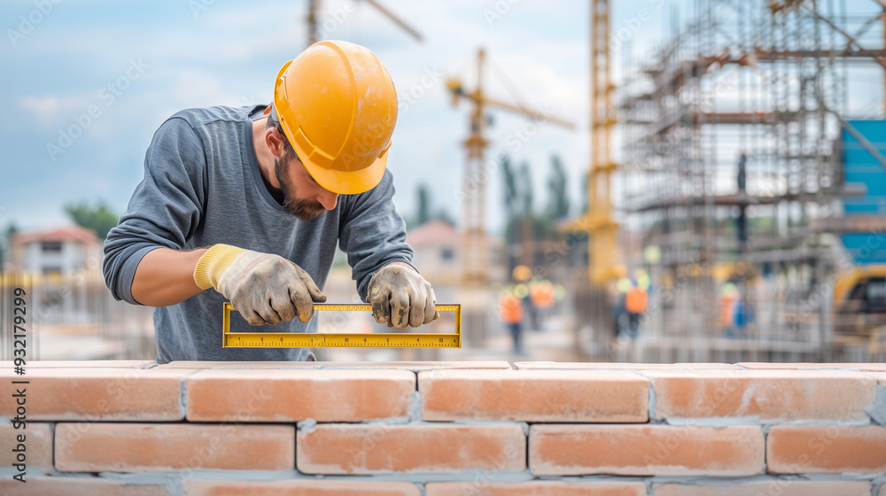 A construction worker adjusting a level on a brick wall, with a blurred ...