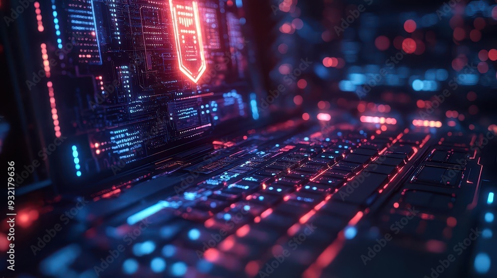 futuristic cybersecurity interface glowing laptop screen with intricate ...