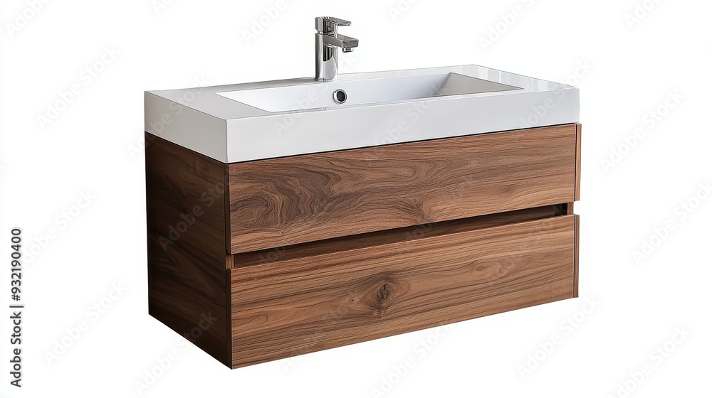 Modern Walnut Vanity with White Sink and Chrome Faucet - A modern ...