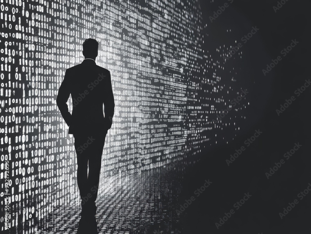 Silhouette of a leader standing tall, powerful theme, side view, depict ...
