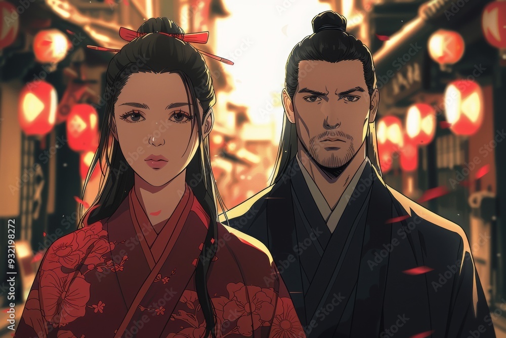 Dorama cartoon. Anime image of man and woman in traditional Eastern ...