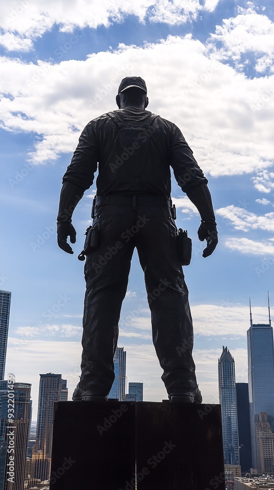 An ironworker standing proudly atop a steel structure, with a city ...