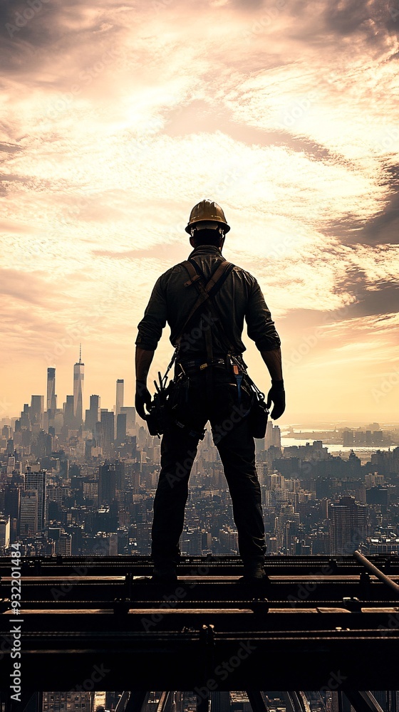 An ironworker standing proudly atop a steel structure, with a city ...