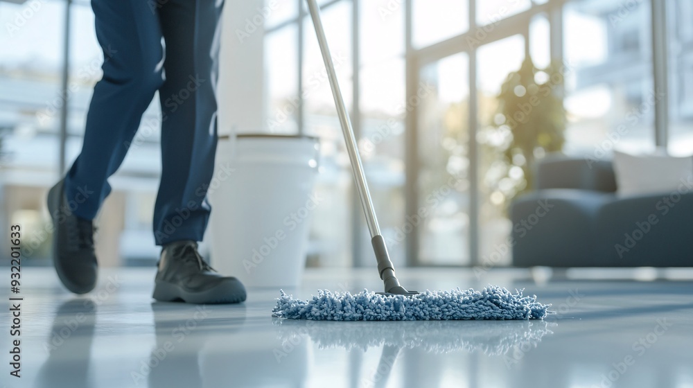 A professional janitor wearing a uniform and gloves, cleaning a bright ...