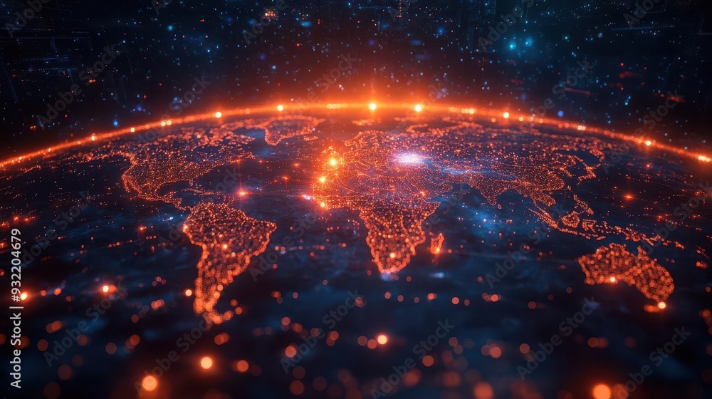 holographic world map projection with pulsing light trails connecting ...