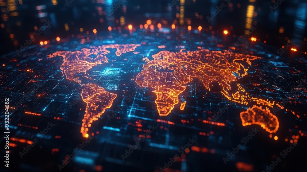 holographic world map projection with pulsing light trails connecting major cities floating ...