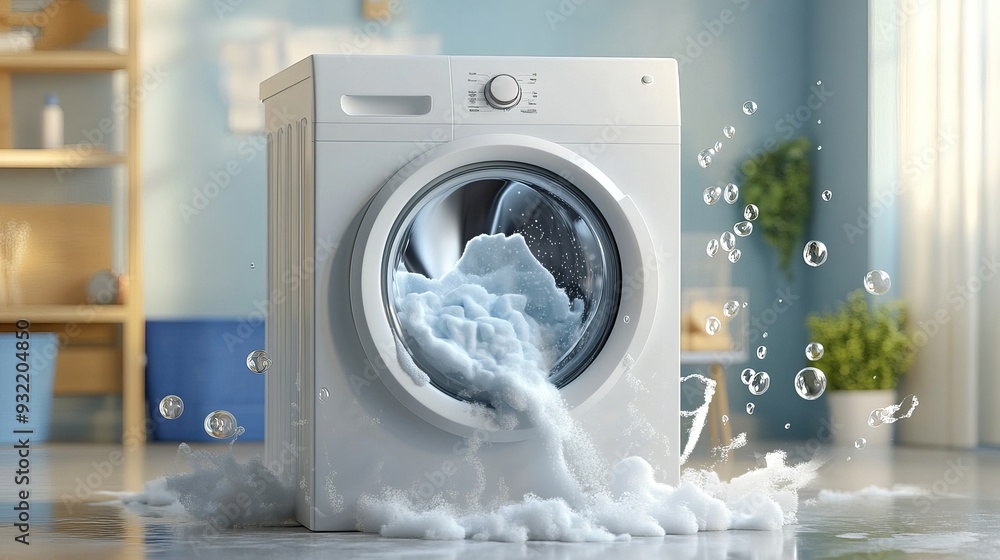 Clothes cleaning process, soap wave, detergent bubbles, white powder ...