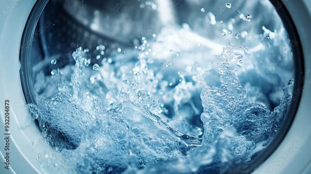 Splashes and clean water flow in a washing machine drum. Washing powder ...