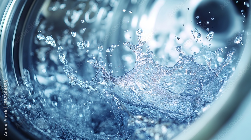 Splashes and clean water flow in a washing machine drum. Washing powder ...