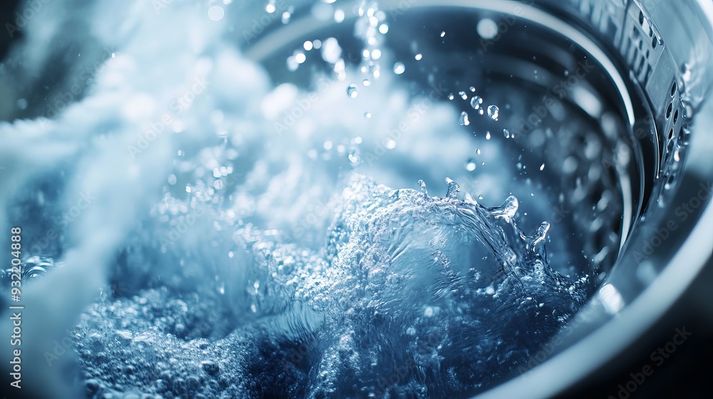 Splashes and clean water flow in a washing machine drum. Washing powder ...