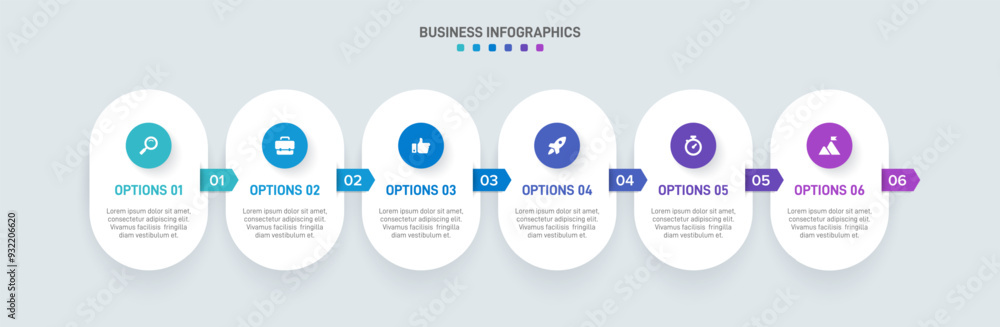 Horizontal progress bar featuring 6 arrow-shaped elements, symbolizing ...