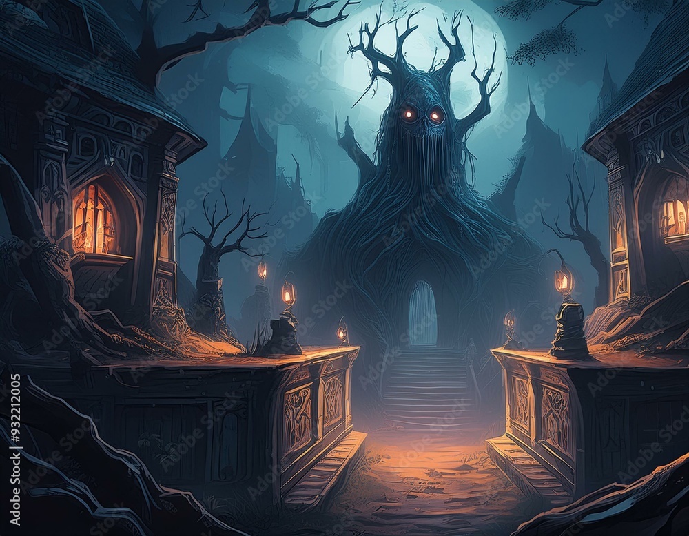 Scary tree monster with red eyes is guarding the entrance to the ...