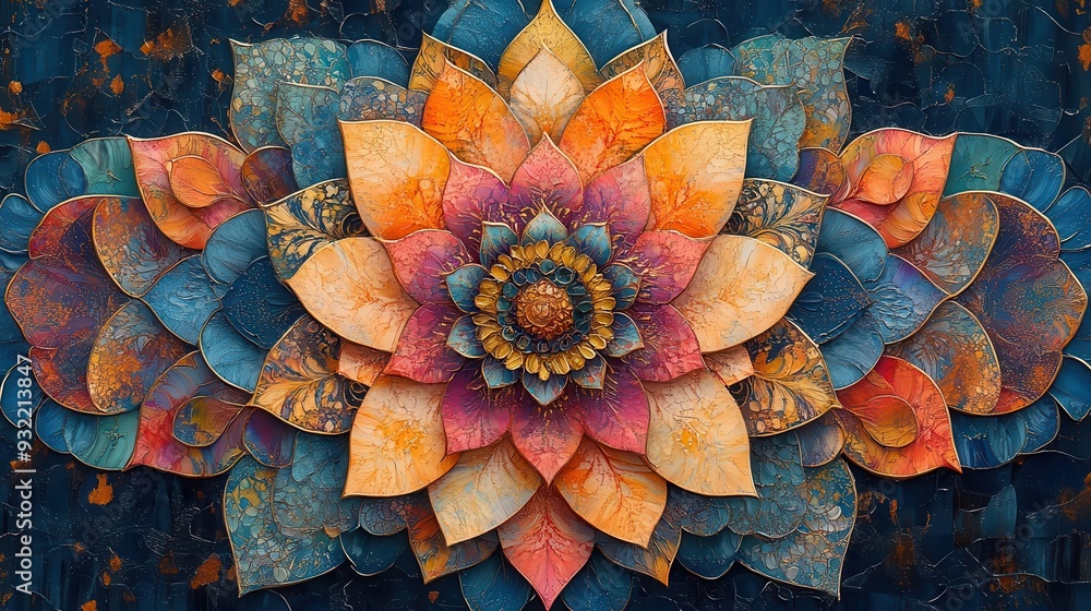 intricate mandala pattern in vibrant colors on textured paper ...