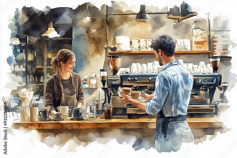 Watercolor painting of a barista delivering coffee to a customer at a ...