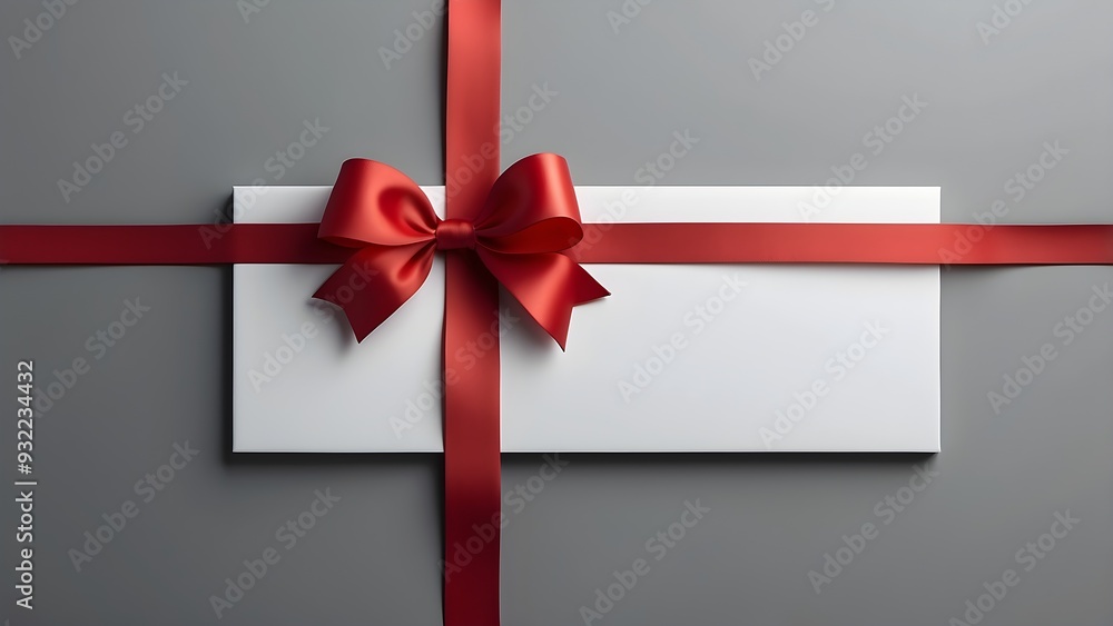 A blank white gift voucher with a vibrant red ribbon bow sits on a ...