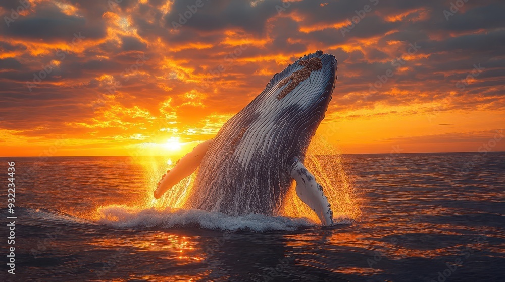 majestic blue whale breaching ocean surface water cascading off its ...