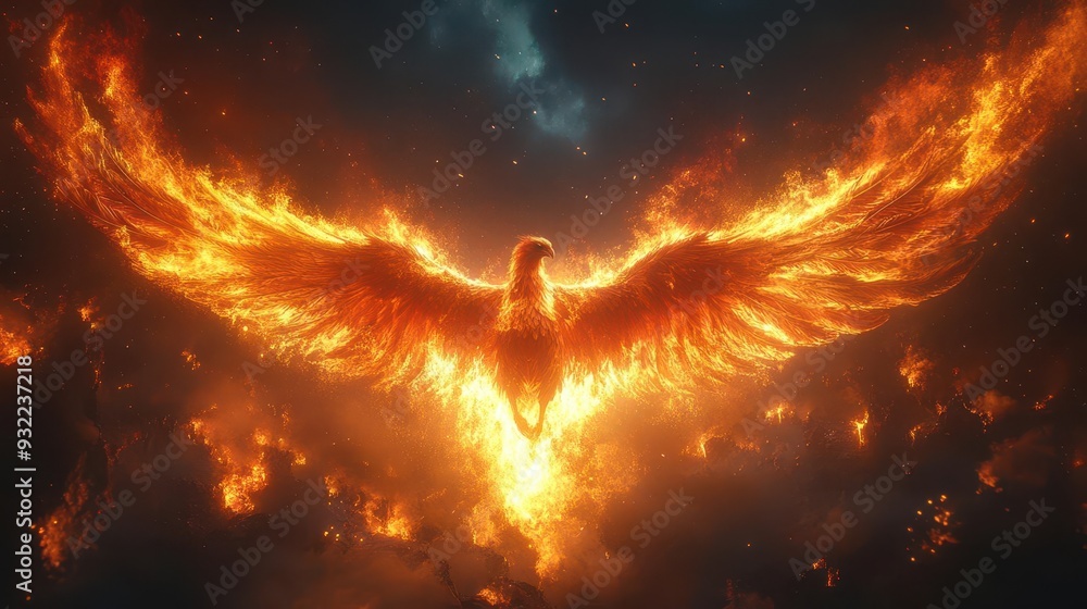 majestic phoenix rising from flames dark backdrop fiery feathers ...