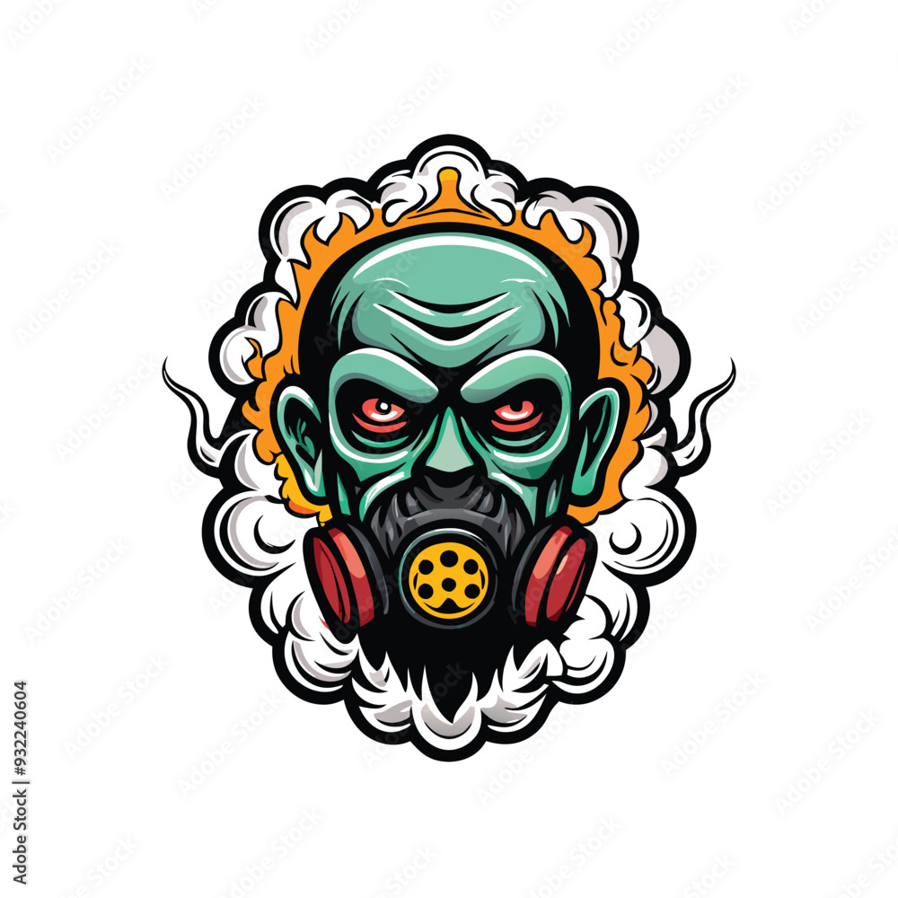 A green-skinned face with red eyes wearing a gas mask with smoke behind ...